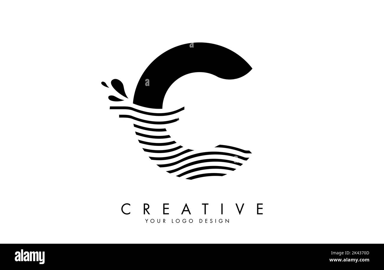 Black C Letter Logo with Waves and Water Drops Design Vector ...