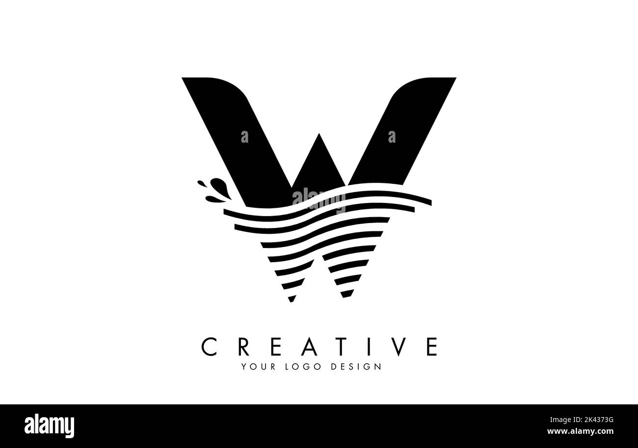 Black W Letter Logo with Waves and Water Drops Design Vector ...