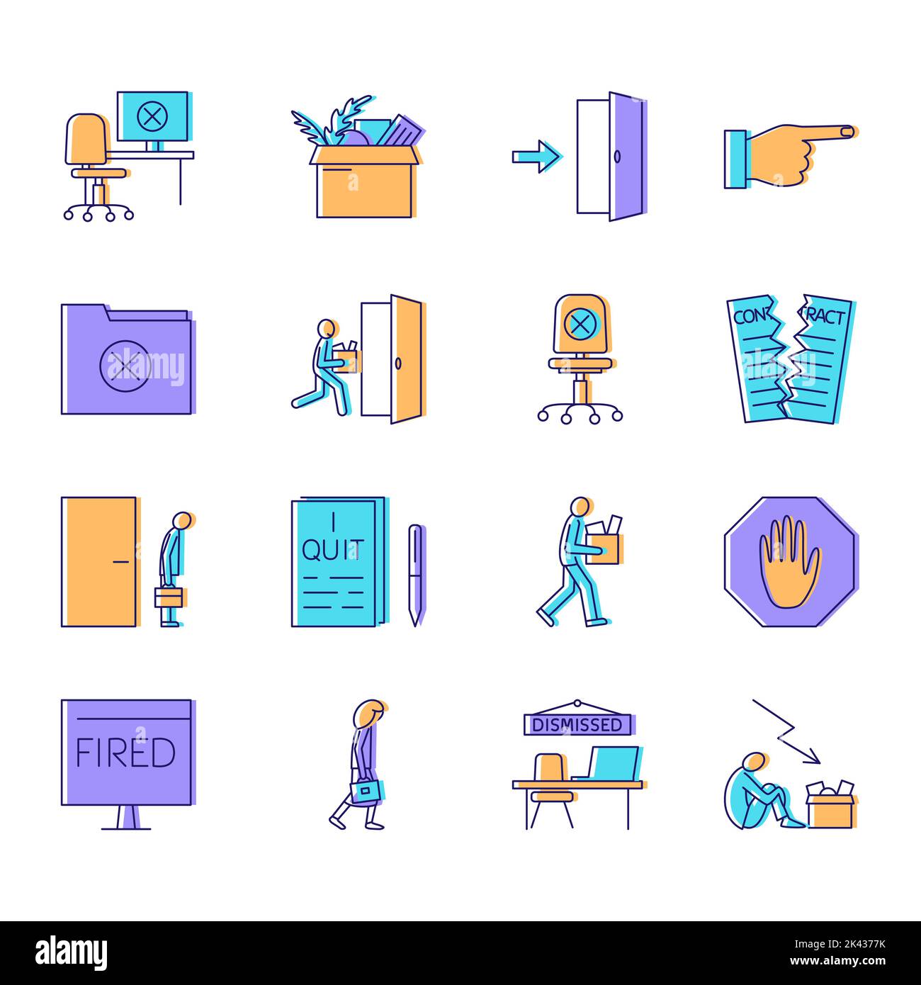 Resignation and dismissal icon set in colored line style. Quitting work ...