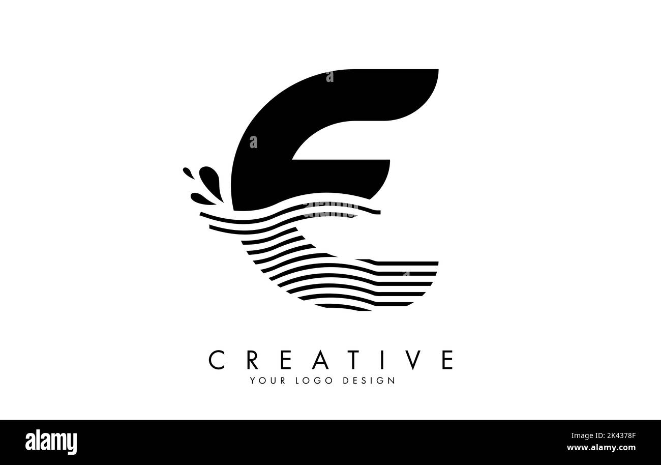 Black E Letter Logo with Waves and Water Drops Design Vector ...