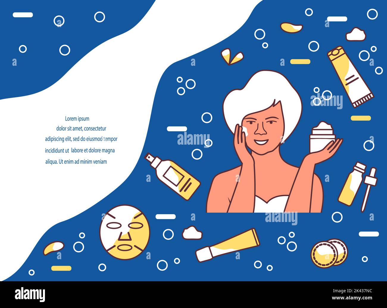 Vector illustration Cosmetic products ad, skin care ad. Woman applying ...