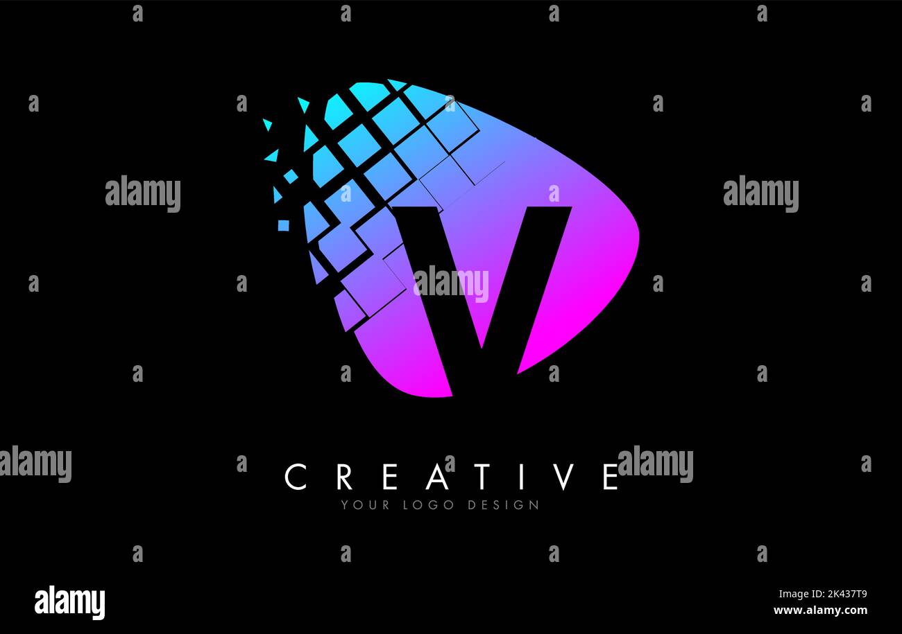 Letter V Design with Colorful Pink and Blue Shattered Blocks Vector ...