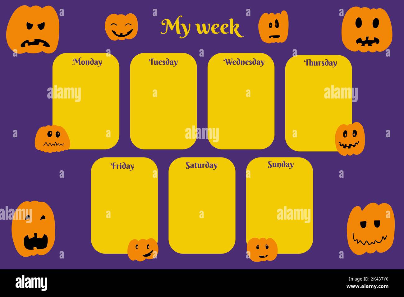 Weekly planner kids template with spooky pumpkin. Cartoon halloween ...