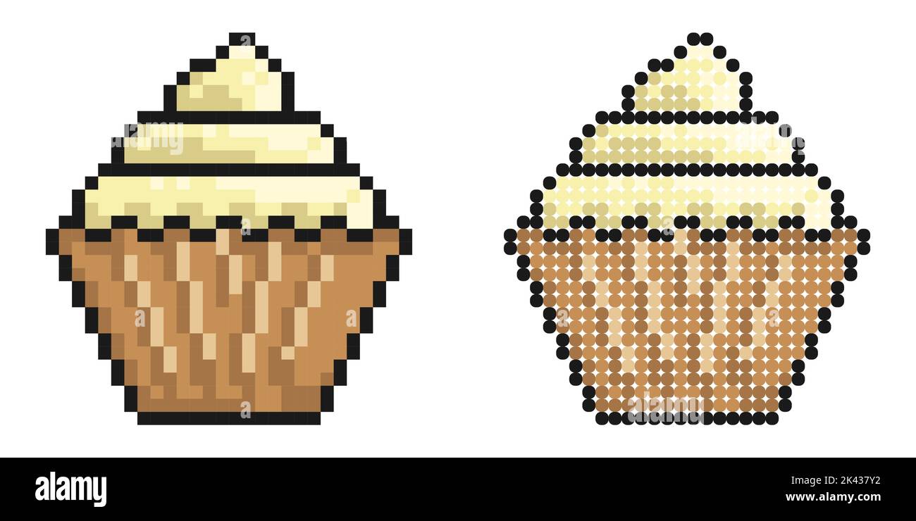Pixel icon. Dessert basket with cream. Sweet muffin with whipped cream ...