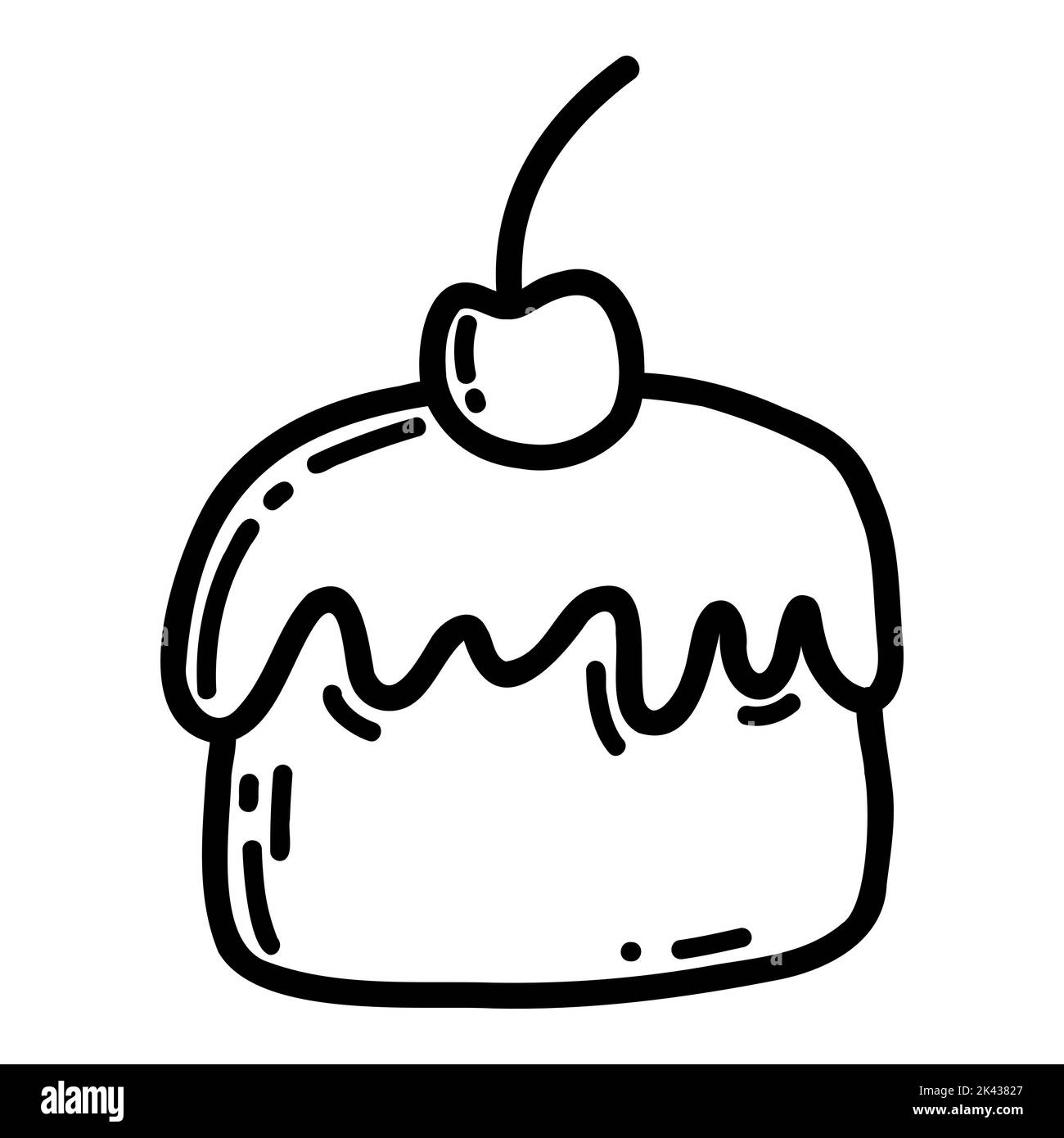 Doodle cake with icing and cherry. Vector linear sketch illustration of ...