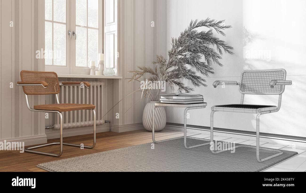 Architect interior designer concept: hand-drawn draft unfinished ...