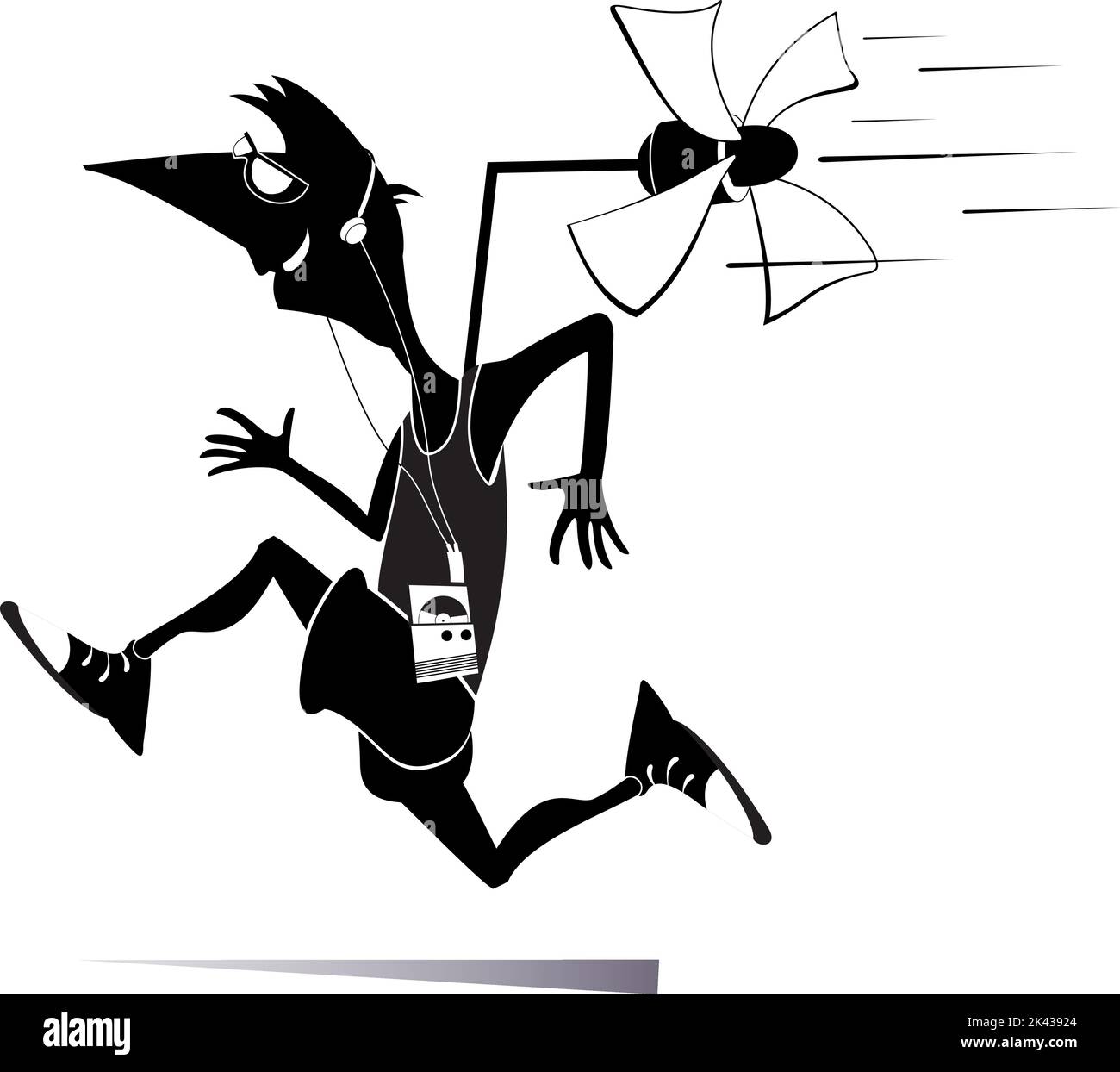 Cartoon running man listening music on player using headphones and ...