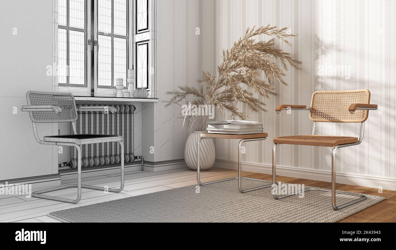 Architect interior designer concept: hand-drawn draft unfinished ...