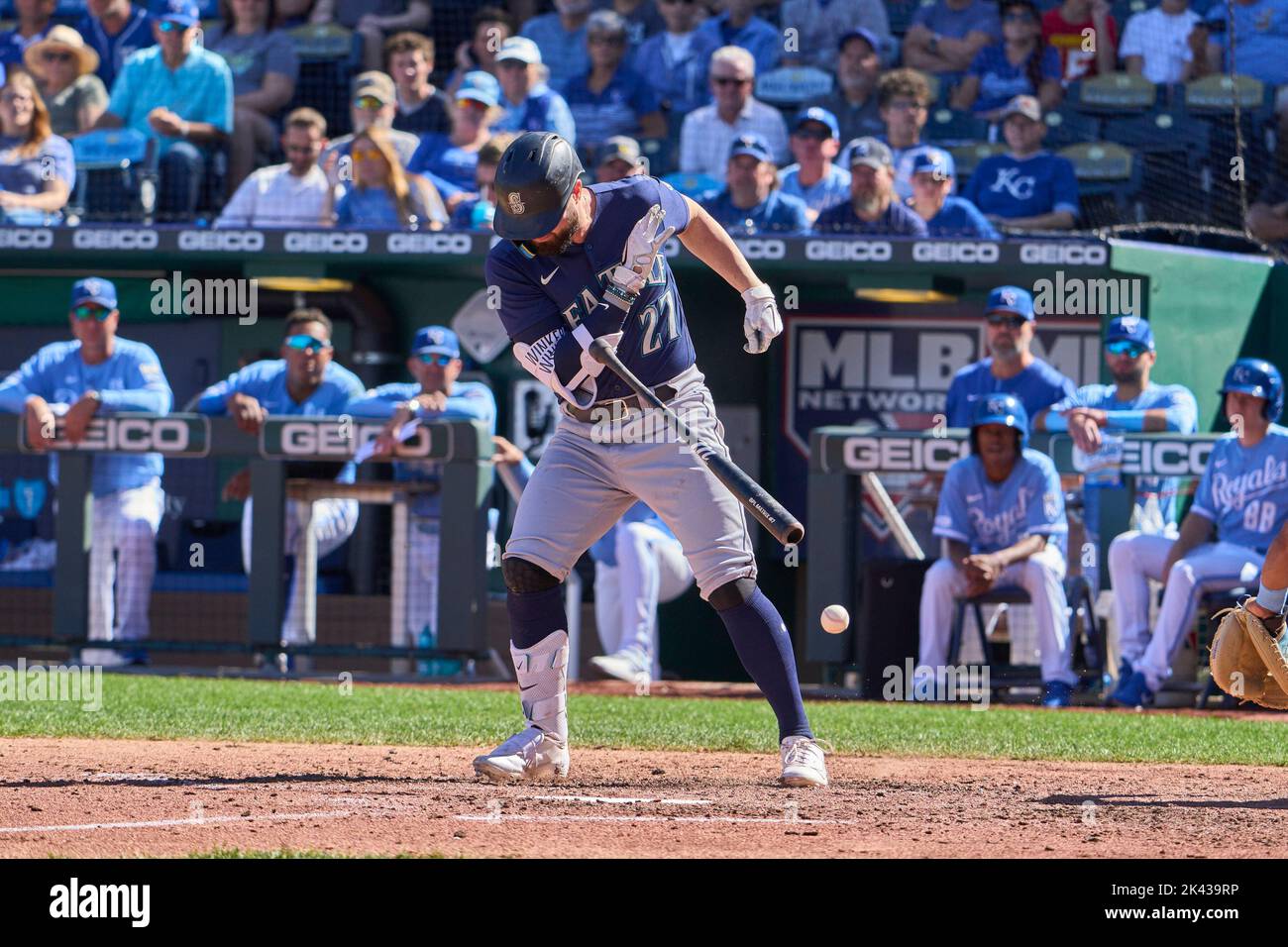 September 25 2022: Seattle right fielder Jesse Winker (27) gets hit by ...