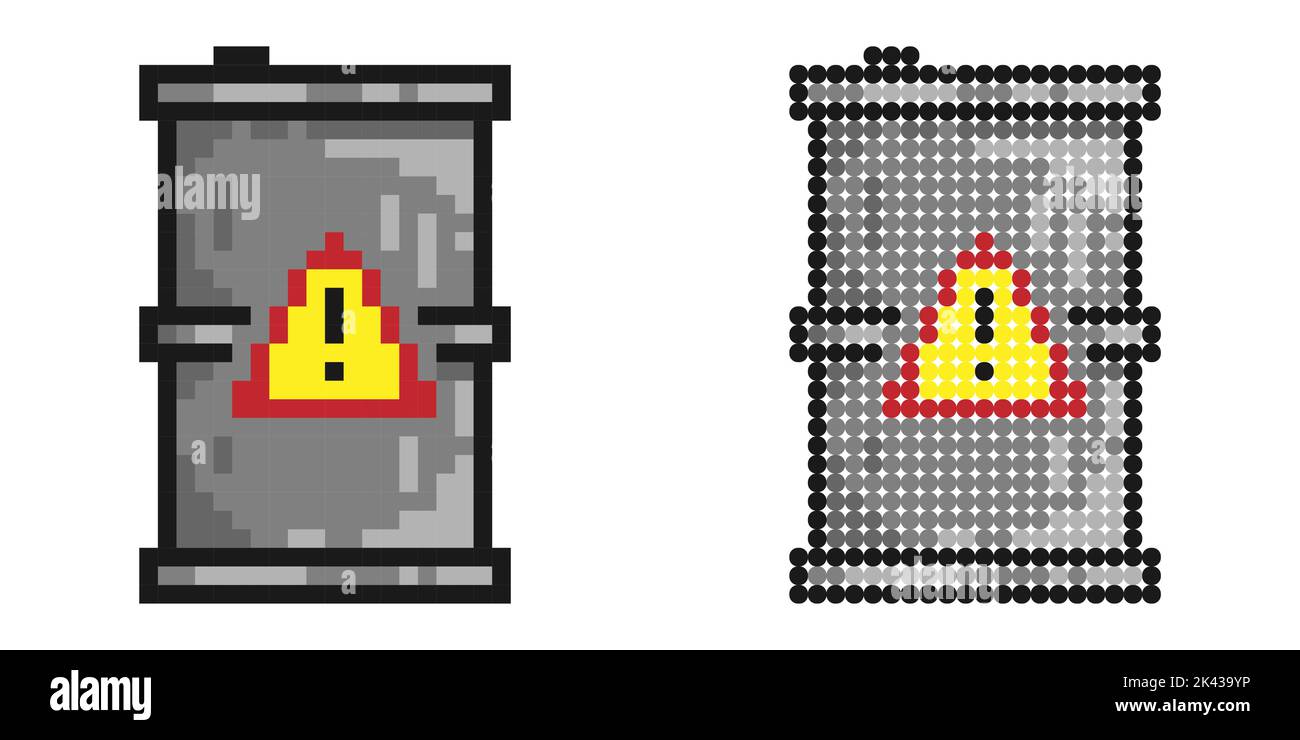 Pixel icon. Metal barrel with danger sign. Storage and disposal of ...