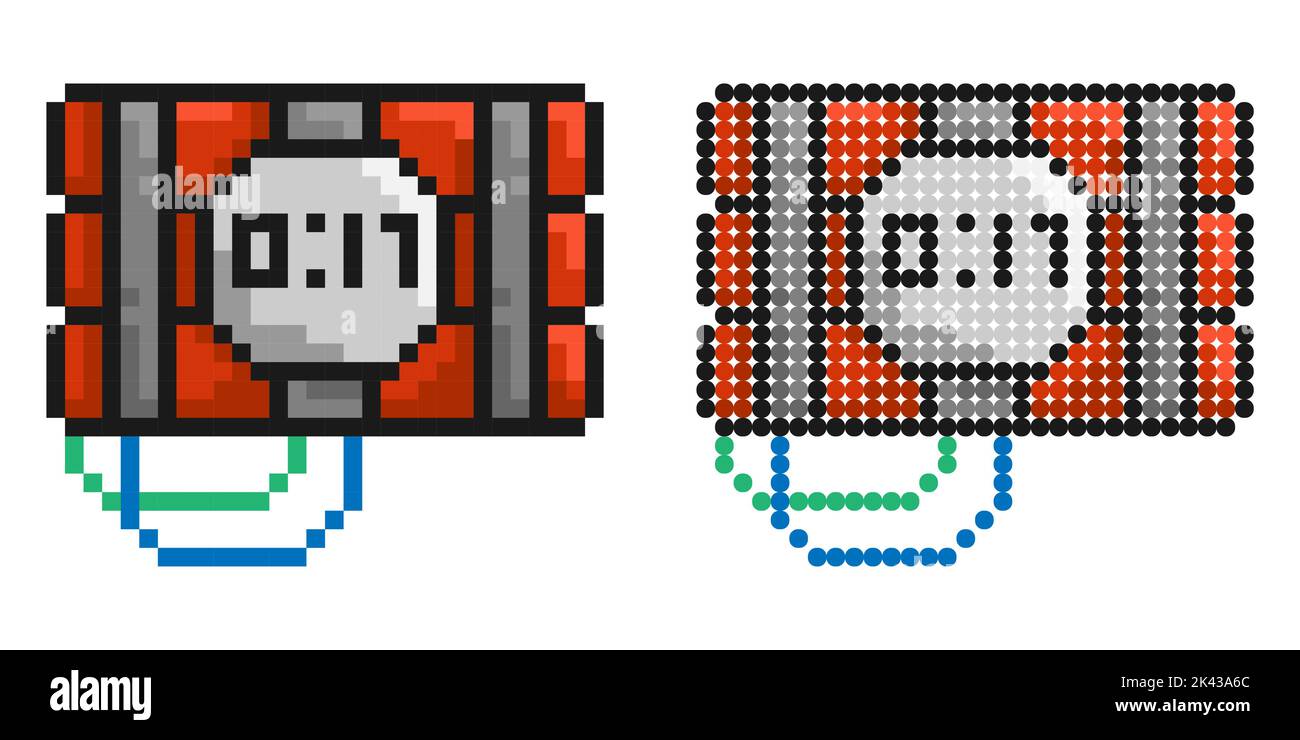 Pixel icon. Bunch of cylinders with dynamite. Timer with clock on ...