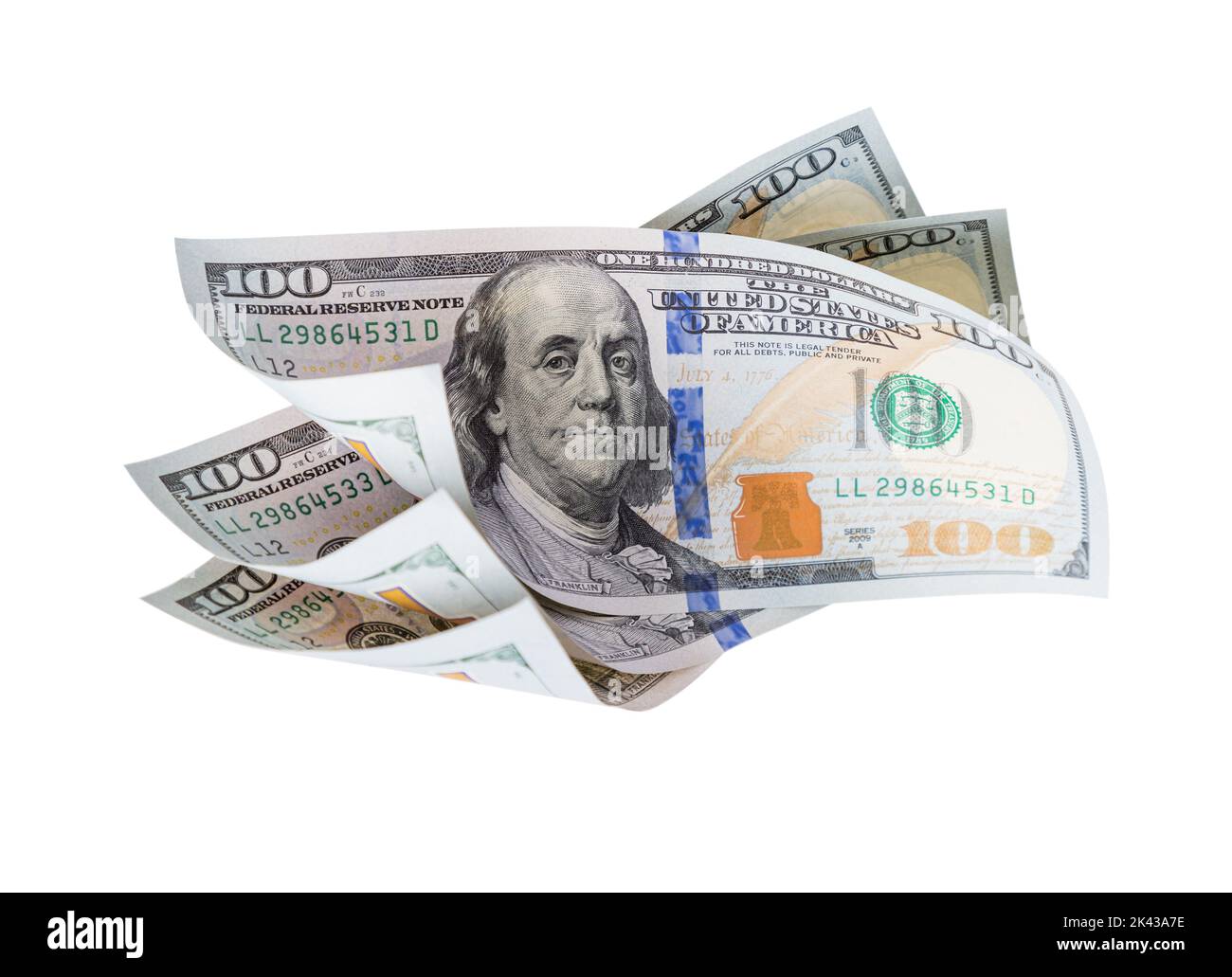 Three One Hundred Dollar Bills Floating or Falling Together on White ...