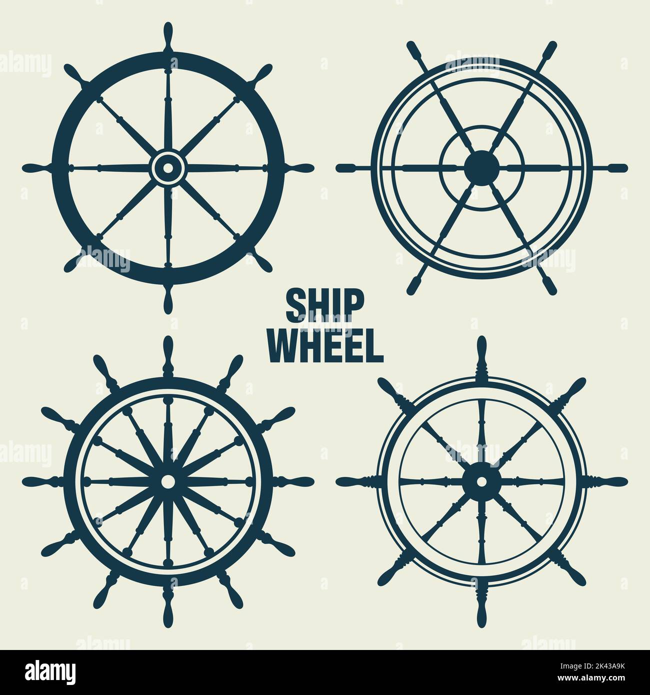 Collection of vintage steering wheels. Ship, yacht retro wheel symbol ...