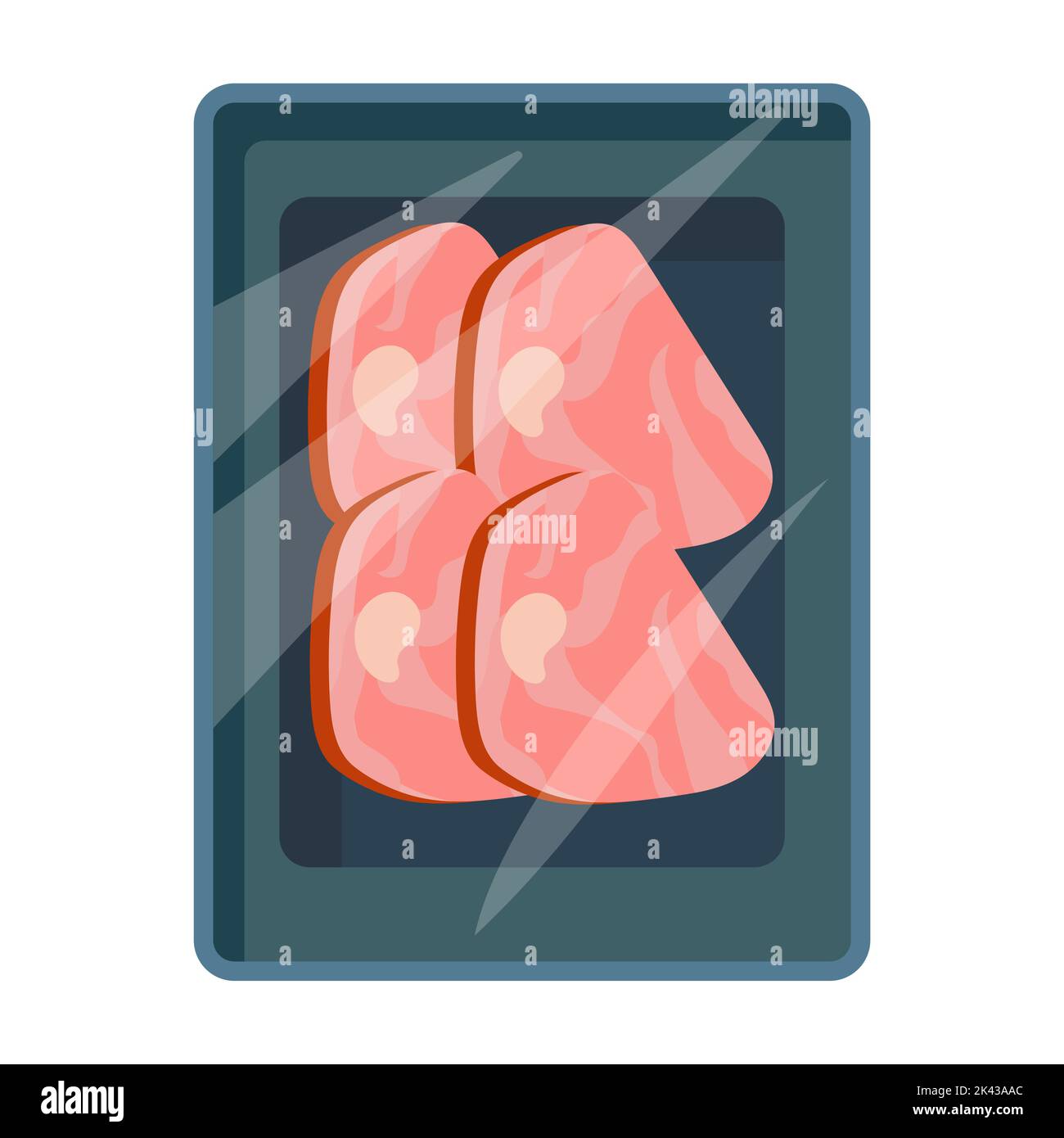 Сartoon meat tray. Frozen food in transparent plastic packaging. Fresh ...
