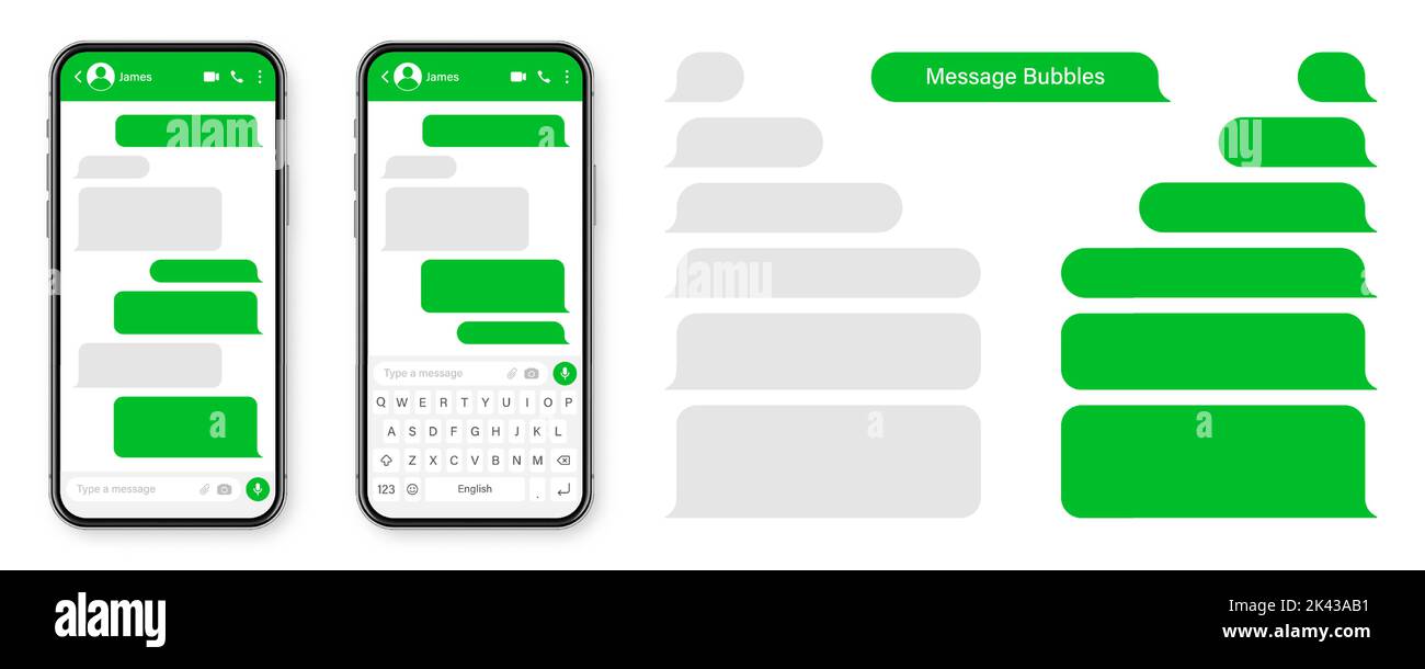 Realistic smartphone with messaging app. Blank SMS text frame ...