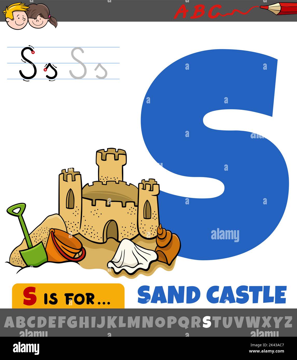 Educational cartoon illustration of letter S from alphabet with sand ...