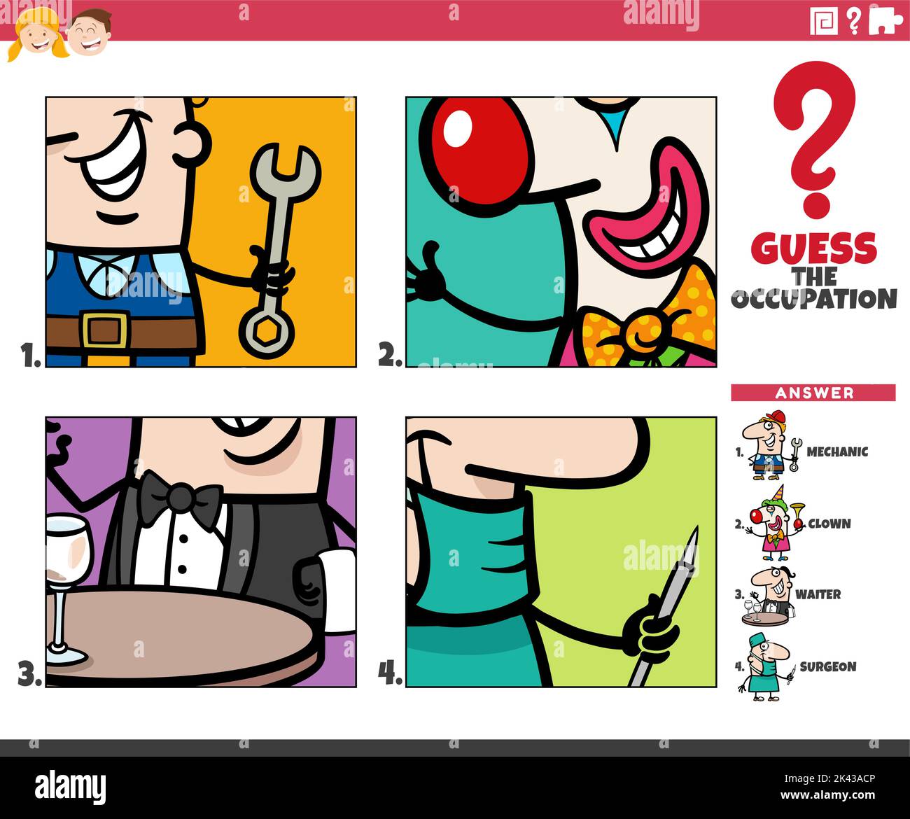 Cartoon illustration of educational activity of guessing the occupation ...