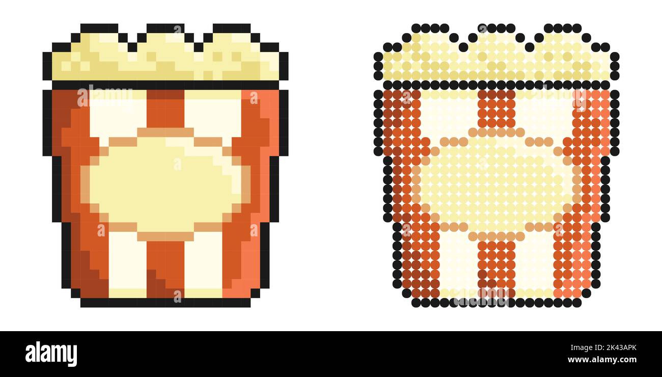 Pixel icon. Packet of popcorn, bucket of airy dessert. Leisure at ...