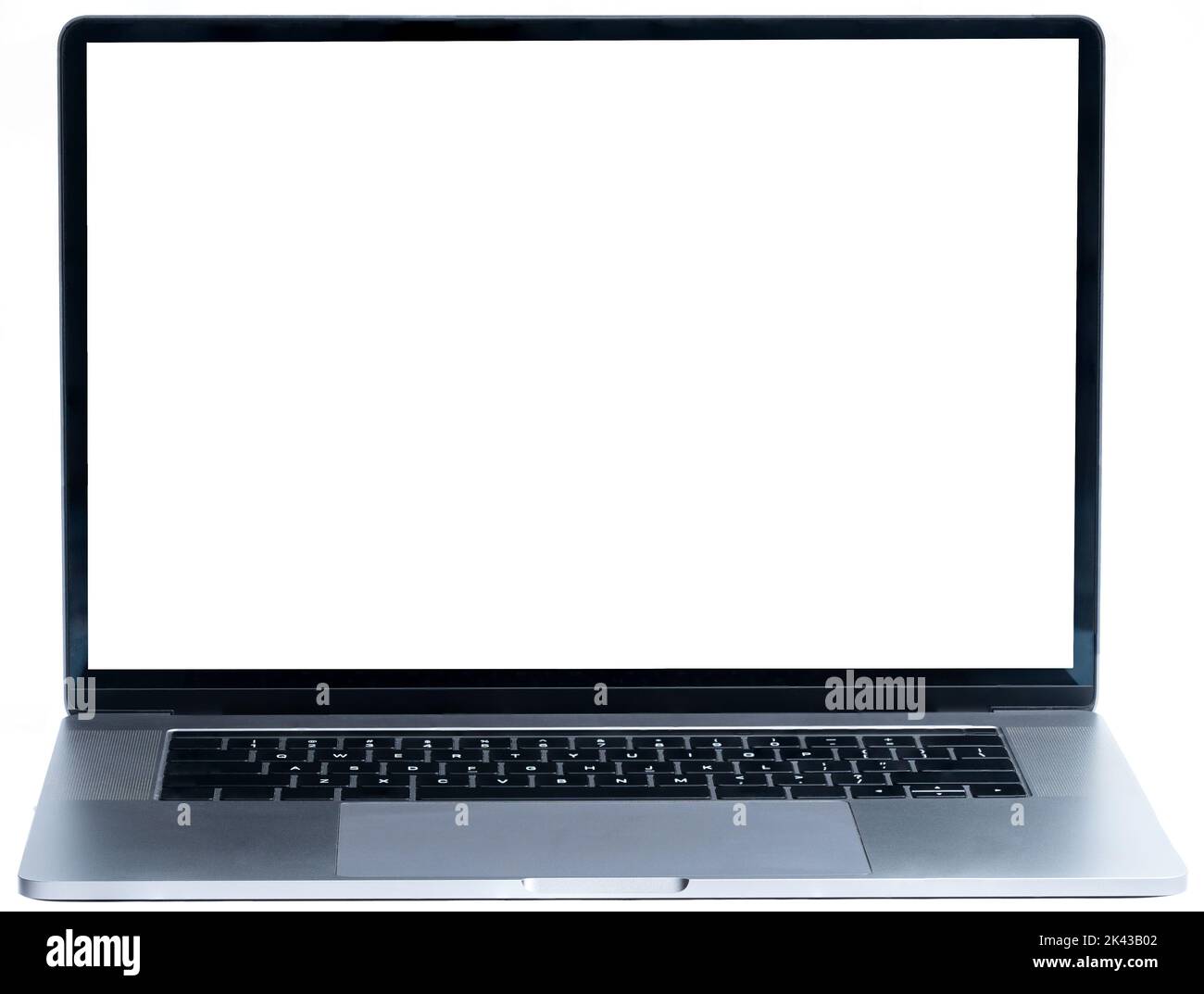 Open laptop silver metal color front view isolated Stock Photo - Alamy