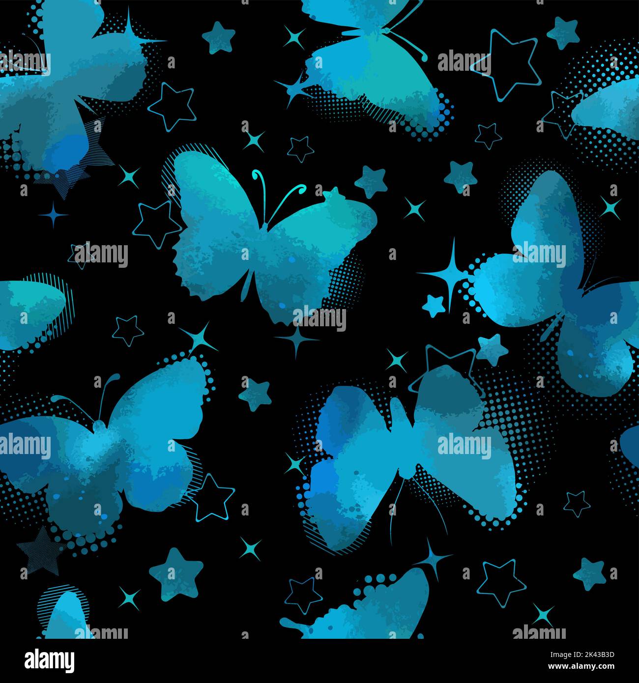Colorful hand drawn seamless pattern with watercolor blue butterflies ...