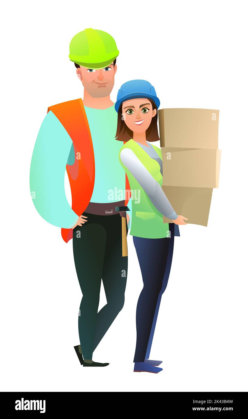 Man and woman builder in vest and protective helmet. Guy worker ...