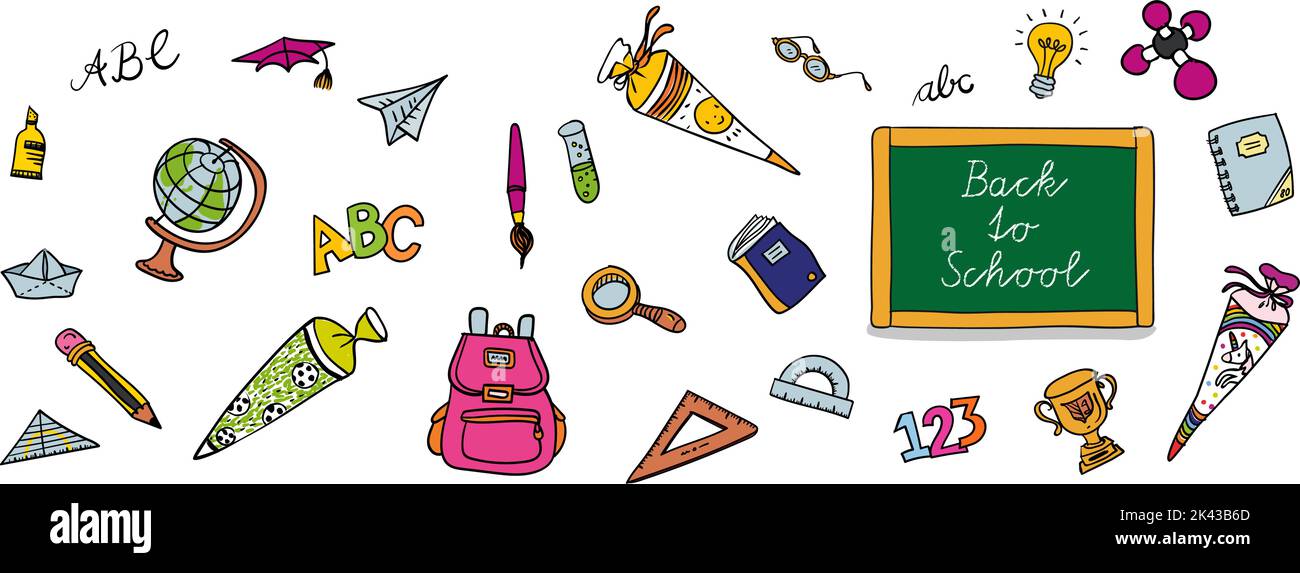 Back to school - blackboard with school supplies with rulers, pencils ...