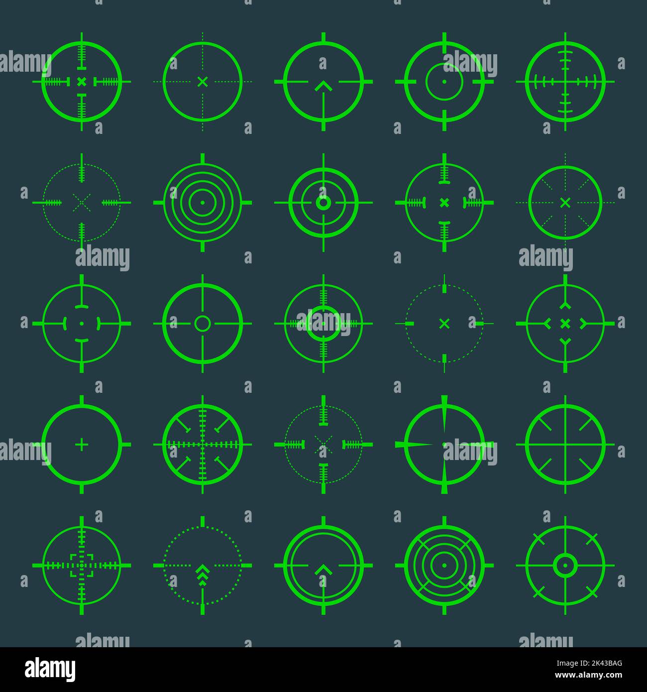 Crosshair, gun sight vector icons. Bullseye, green target or aim symbol ...
