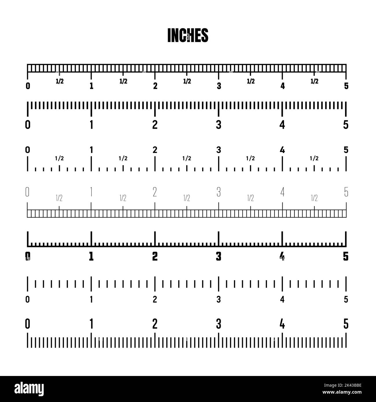 Realistic black inch scale for measuring length or height. Various ...