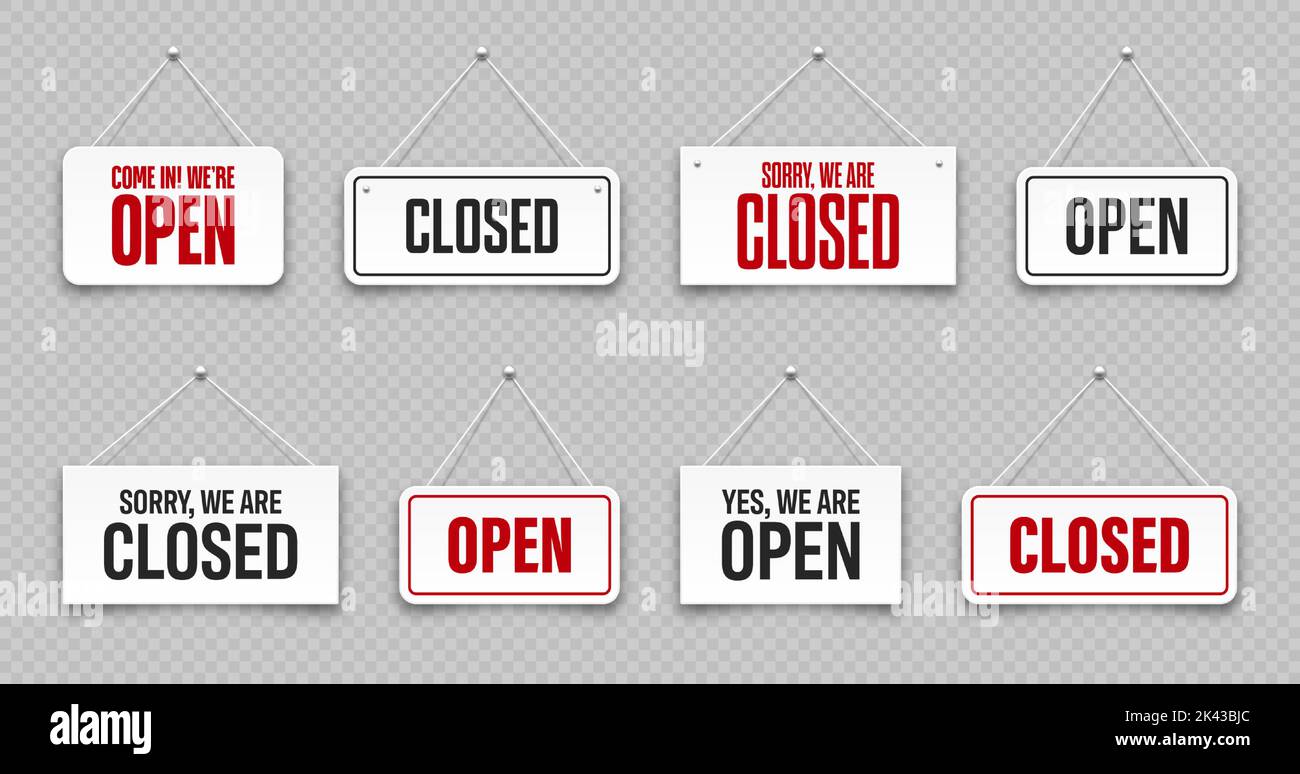 Realistic open or closed hanging signboards. Vintage door sign for cafe ...