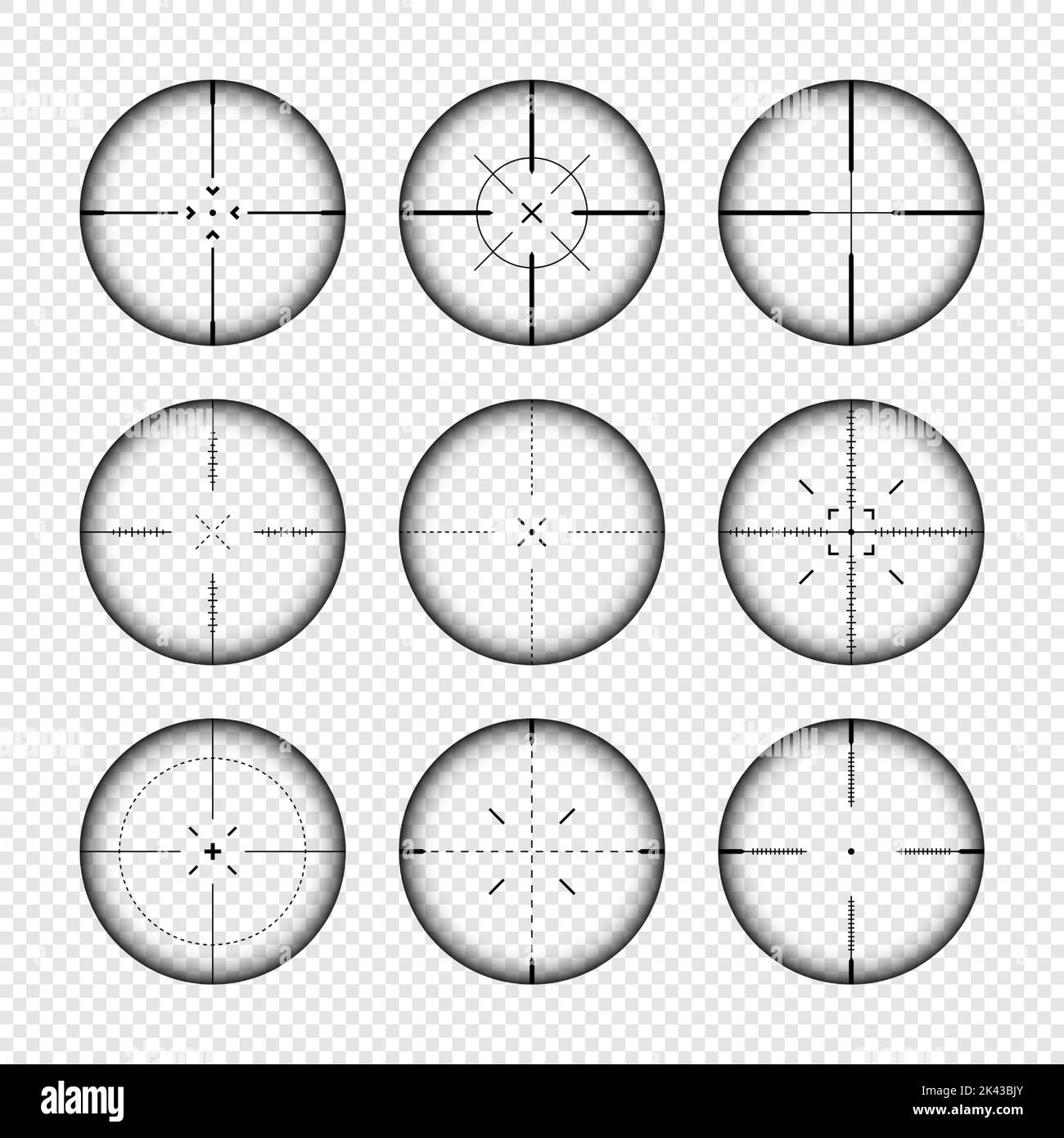 Various weapon sights, sniper rifle optical scopes. Hunting gun ...