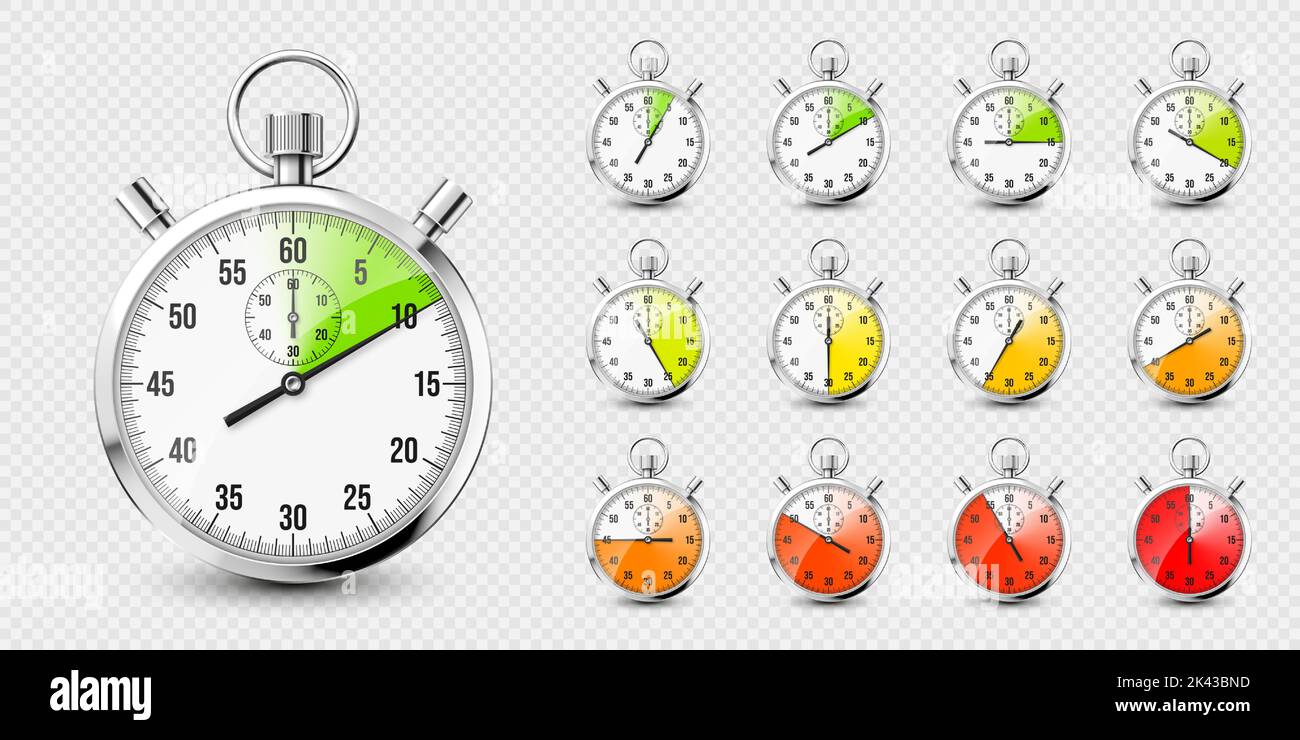 Realistic classic stopwatch icons. Shiny metal chronometer, time ...