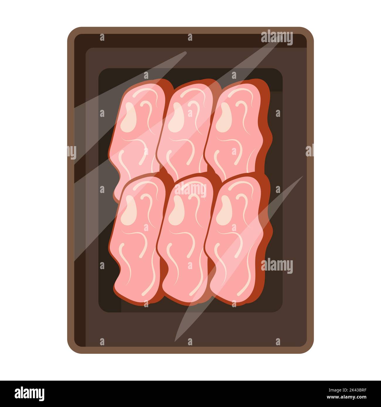 Сartoon meat tray. Frozen food in transparent plastic packaging. Fresh ...