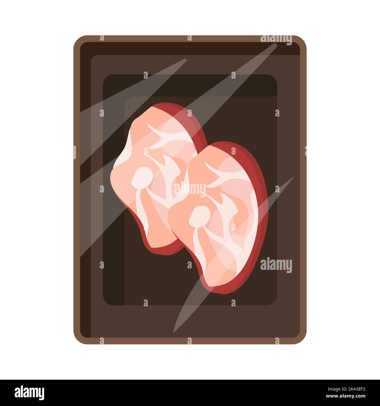 Сartoon meat tray. Frozen food in transparent plastic packaging. Fresh ...