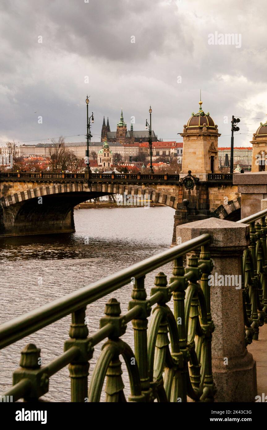 Art Nouveau Most Legii or Legion Bridge over River Vltava in Prague ...