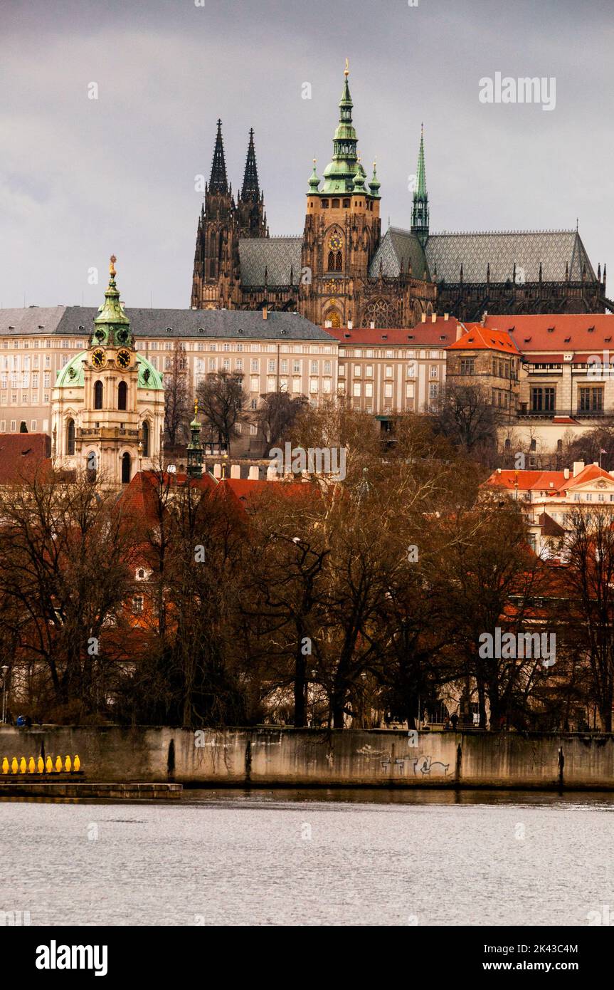 Prague Gothic towers of St. Vitus Cathedral and Baroque tower and dome ...