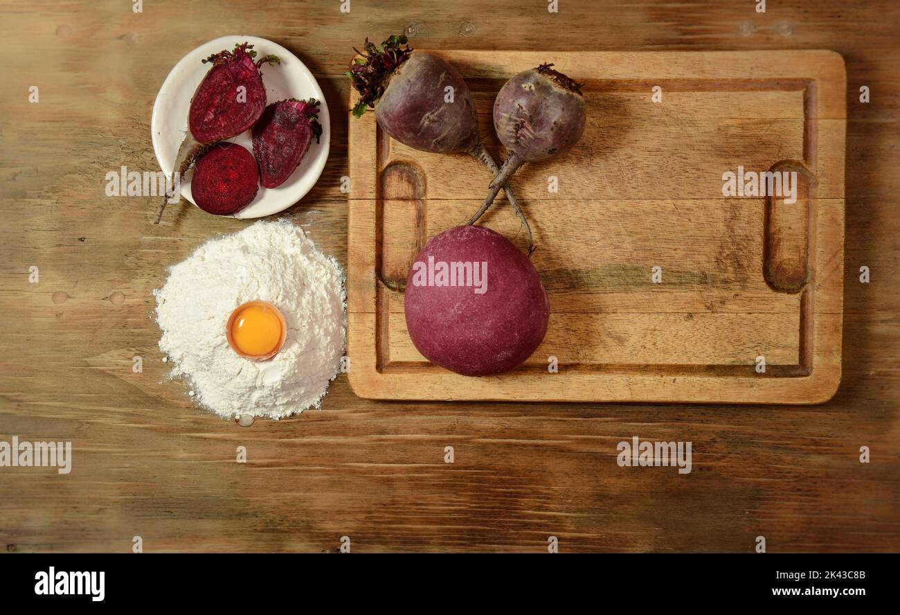 Ingredients ready on the table to make pasta of different flavors Stock ...