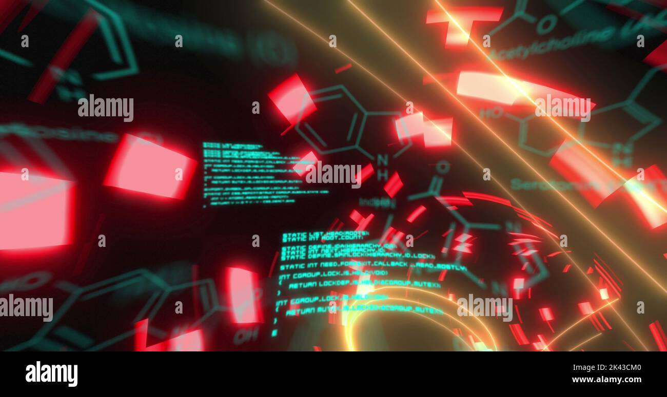 Image of data processing and chemical formulas over black background with neon lights. Science ...