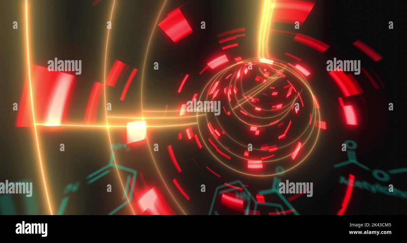 Image of data processing and chemical formulas over black background ...