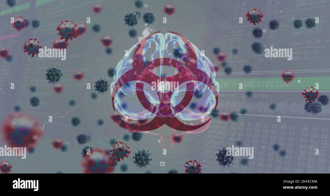 Image of coronavirus moving around human brain, biohazard symbol ...