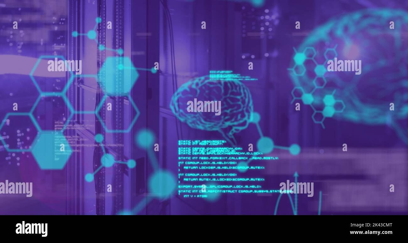 Image of brain, scientific data and qr code over servers. Science, data ...