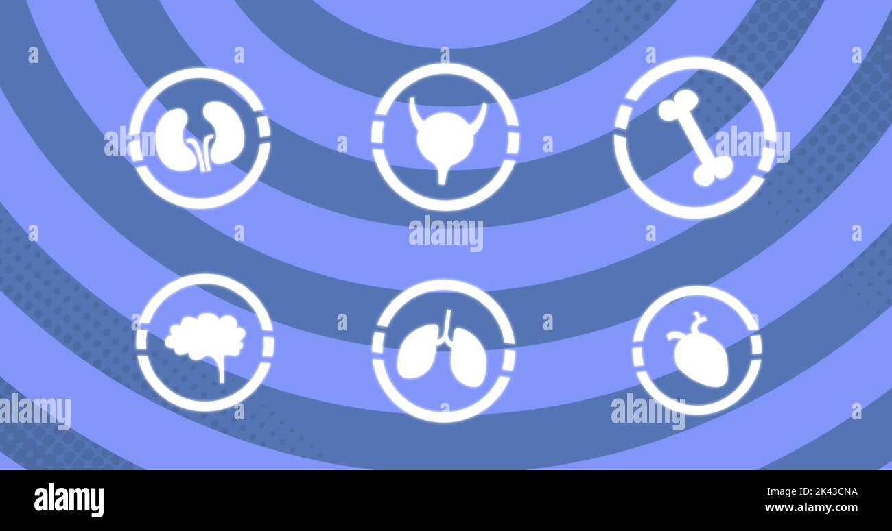 Image of medical structures in white circles over striped moving blue ...