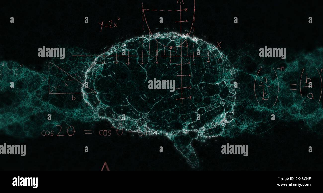 Image of math formulas, brain and dna on black background. Science ...