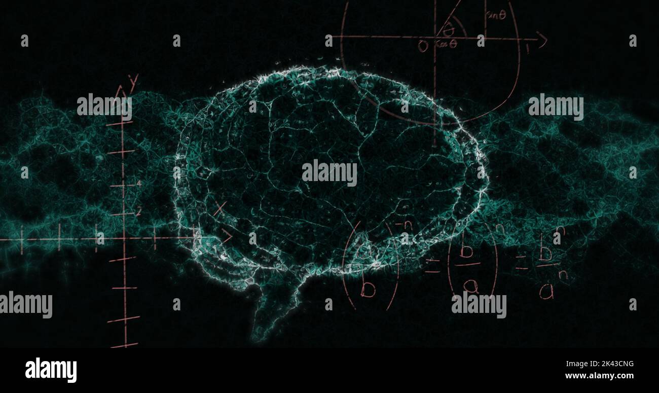 Image of math formulas, brain and dna on black background. Science ...