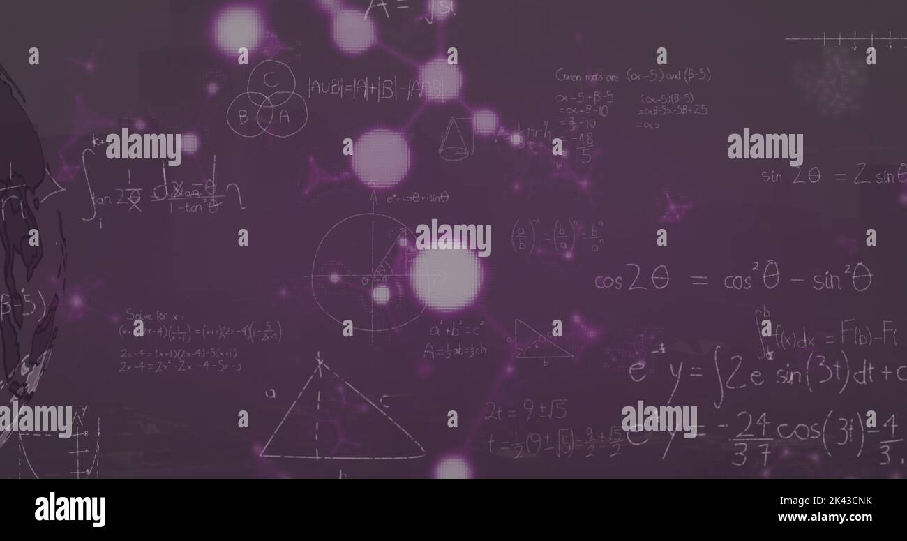 Image of data with science formulas, molecules and globe on digital ...