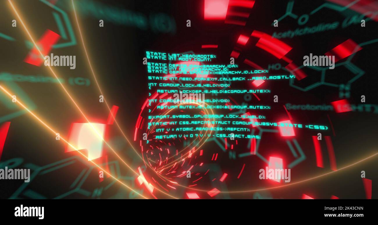 Image of data processing and chemical formulas over black background ...