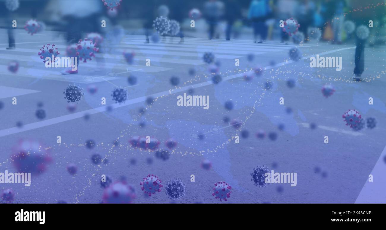 Image of dna, coronavirus with time lapse of multiracial people on city ...