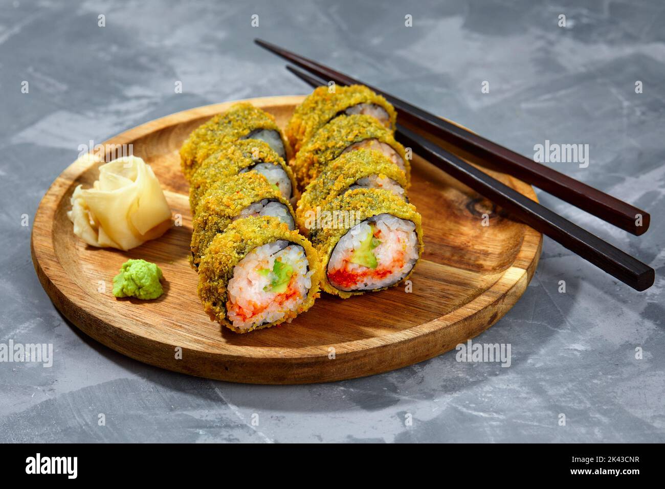 Tempura Maki Sushi Deep Fried Sushi Roll Served on wooden board Stock ...