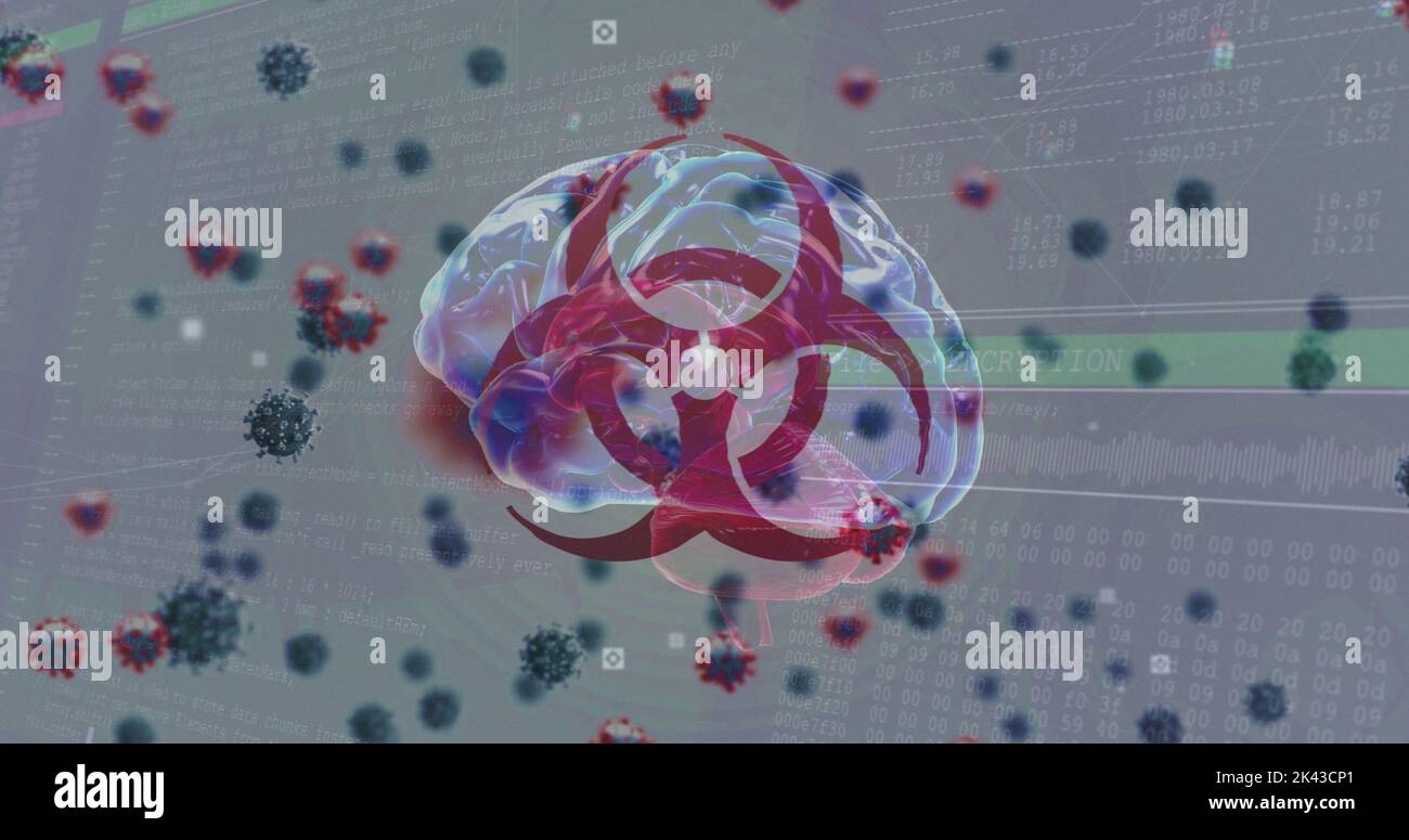 Image of coronavirus moving around human brain, biohazard symbol ...