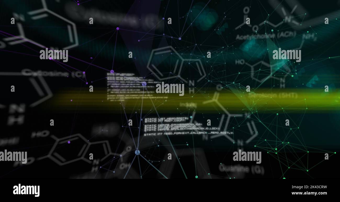 Image of chemical formulas and scientific data on black background ...