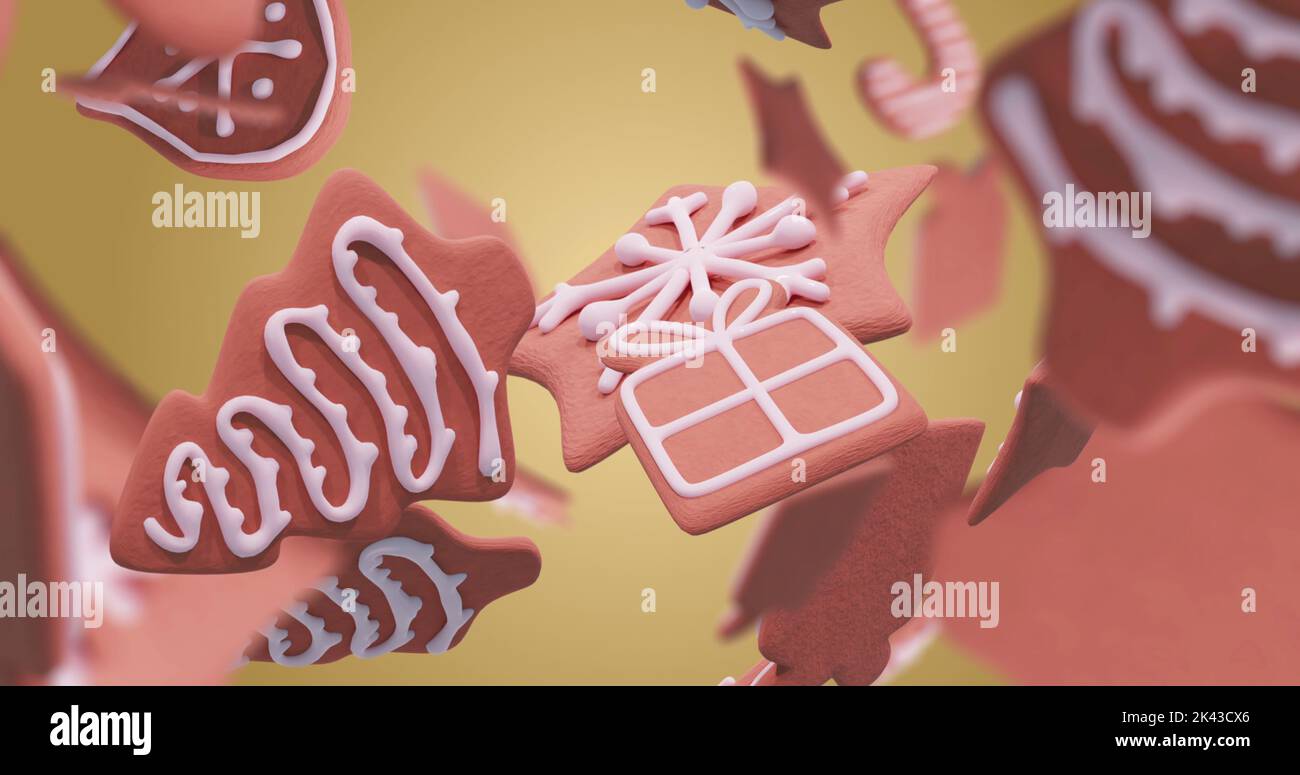 Image of gingerbread falling at christmas over orange background ...